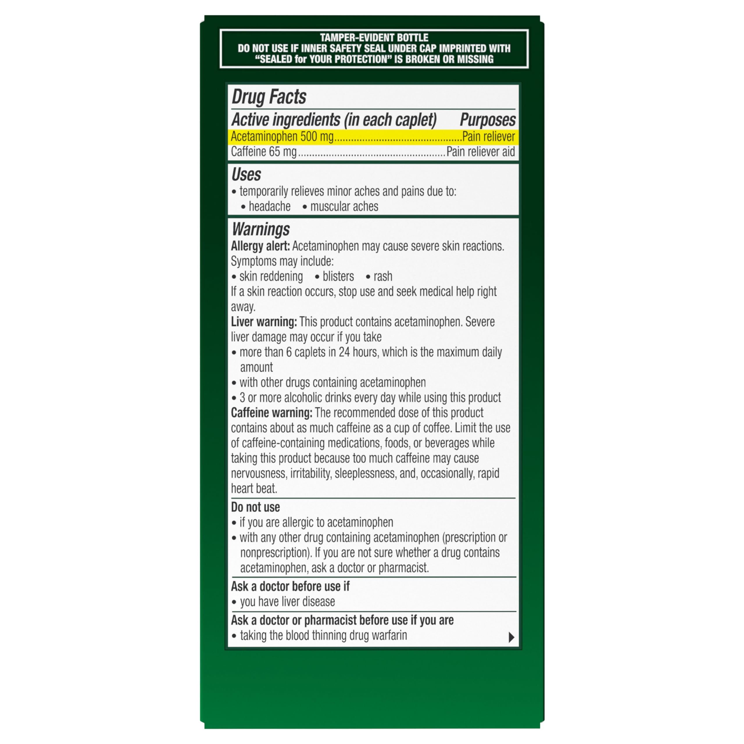 Excedrin Tension Headache Relief Caplets Without Aspirin for Head, Neck and Shoulder Pain Relief - 100 Count