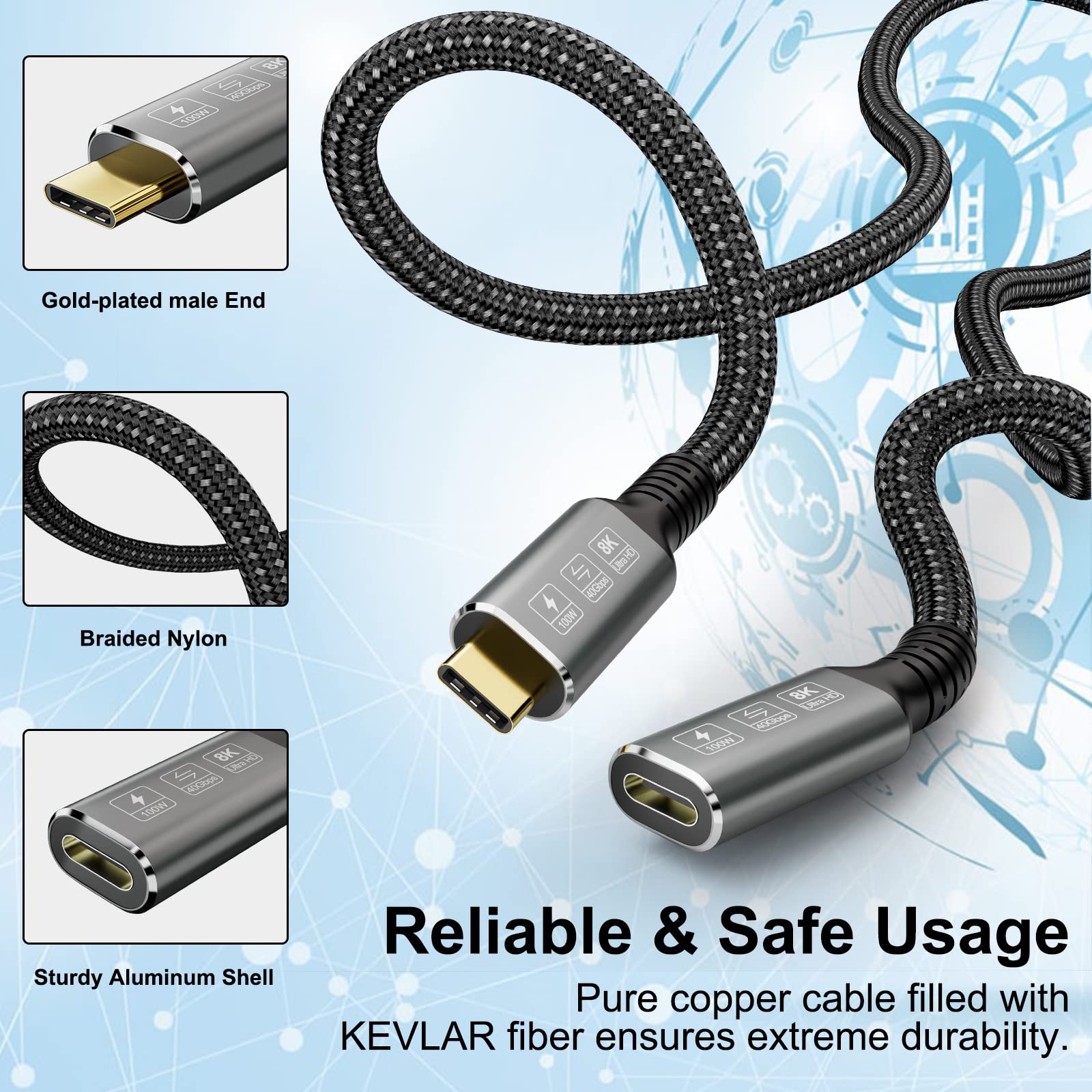 CABLEDECONN USB4 8K Cable 0.8M Thunderbolt 4 Compatible USB 4 Type-c Male to Female Extension Cable Ultra HD 8K@60Hz 100W Charging 40Gbps Data Transfer Compatible with External SSD eGPU