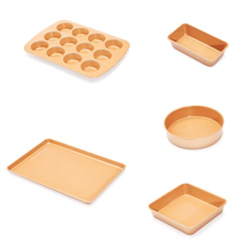 Amazon Basics Ceramic Nonstick Baking Sheets and Pans Bakeware Set, 5-Piece Set- Copper Color
