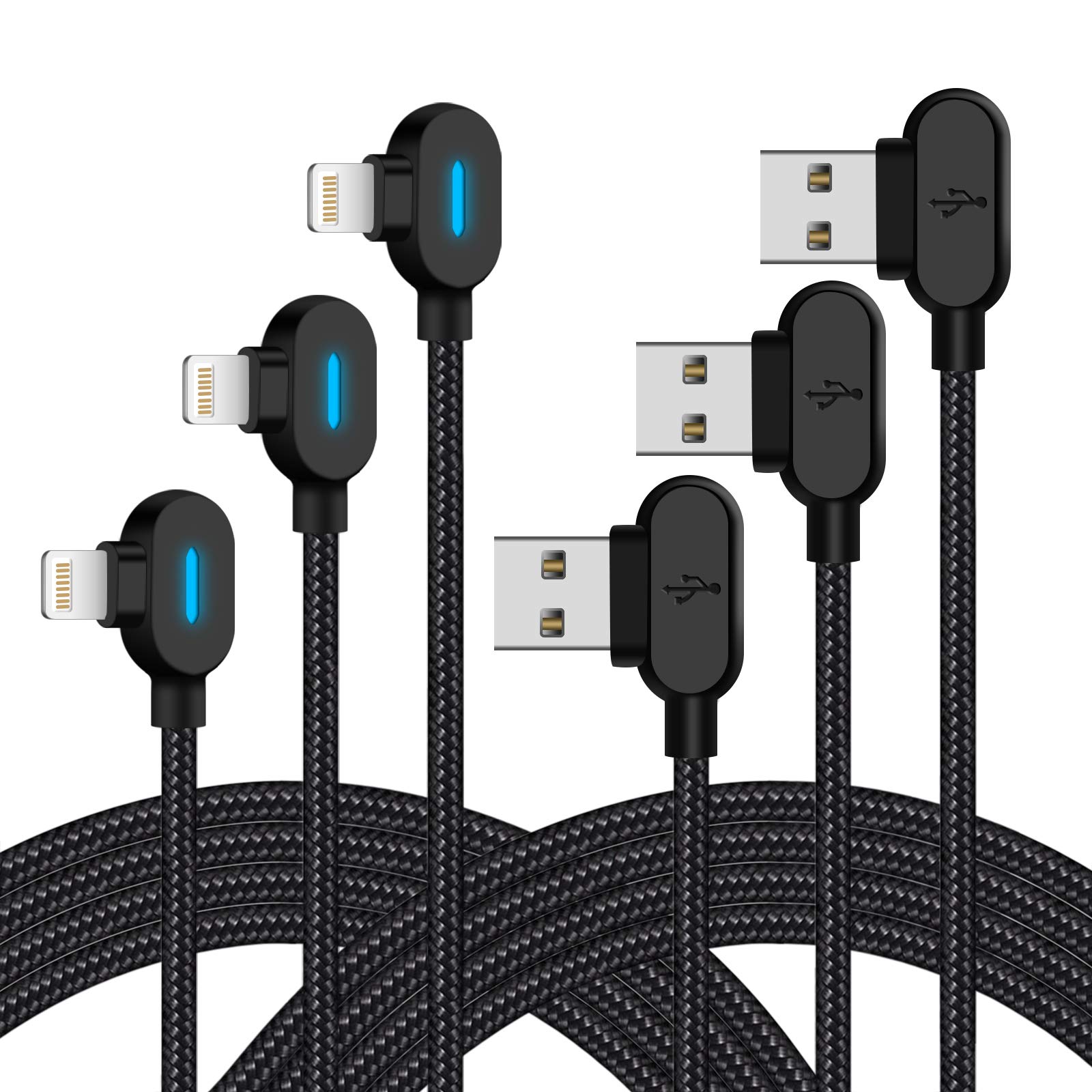 LED iPhone Charger Cable 10 FT 3Pack Right Angle Lightning Cable 90 Degree Nylon Braided Charging Cord Gaming USB Charging/Sync Compatible with iPhone 13 12 11 Pro XS MAX XR X 8 7 6S Plus SE iPad
