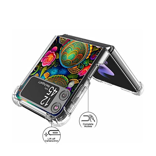 Beaucov Galaxy Z Flip 4 Case,Colorful Mandala Turtle Flower Drop Protection Shockproof Case TPU Full Body Protective Scratch-Resistant Cover for Samsung Galaxy Z Flip 4 5G