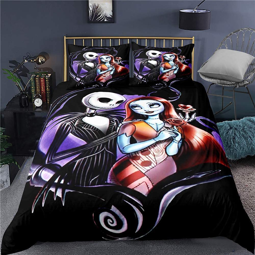 Ankeyoo Nightmare Christmas Bedding Set Valentine's Day Decor Gifts Present Jack Skellington Sally Bed Comforter Cover 1PC Duvet Cover with 2PCS Pillowcases (Full)