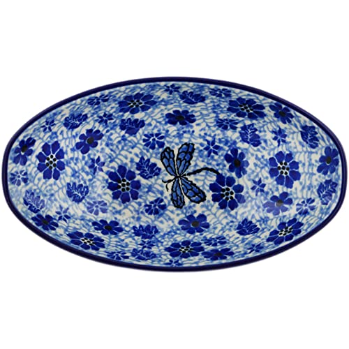Authentic Polish Pottery 6¾-inch Oval Bowl made by Ceramika Artystyczna (Misty Dragonfly Theme) + Certificate of Authenticity