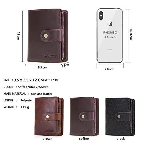 Contacts Genuine Leather Womens Coin Card Holder Zipper Clutch Purse Wallet (Dark Coffee)
