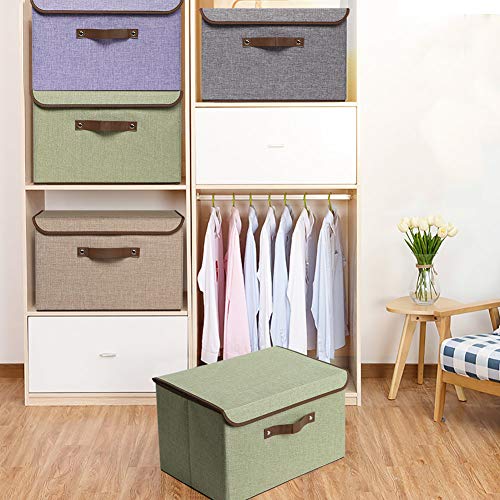 UUJOLY Large Storage Bins Linen Fabric Foldable Basket Cubes Organizer Storage Box Drawer with Lid and Handles for Home, Office, Closet, Bedroom, Nursery((Green-2pcs))
