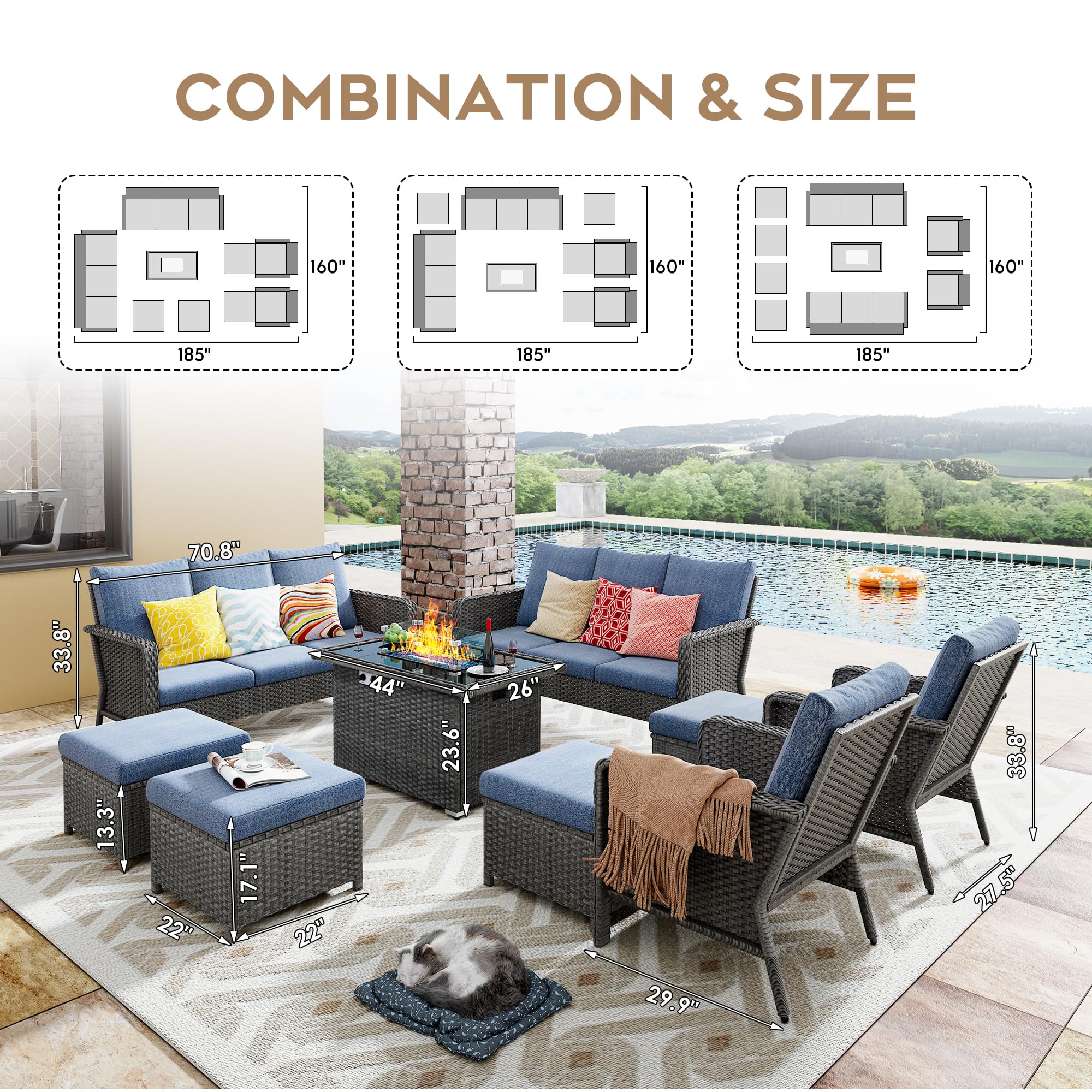 Yechen Patio Conversation Set 12 Seats with 44" Propane Gas Fire Pit Table - 9 Pcs Outdoor Wicker Furniture Set with Lid & Wind Shields - Sectional Sofa Set for Porch,Backyard