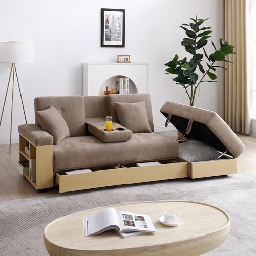 Ball & Cast 84.65" Sectional Sleeper Sofa Couch,Convertible Double Folding Couch Bed with Storage Ottoman and Arm,Reversible Loveseat W/Box & Drawer for Living Room,Apartment,Grey