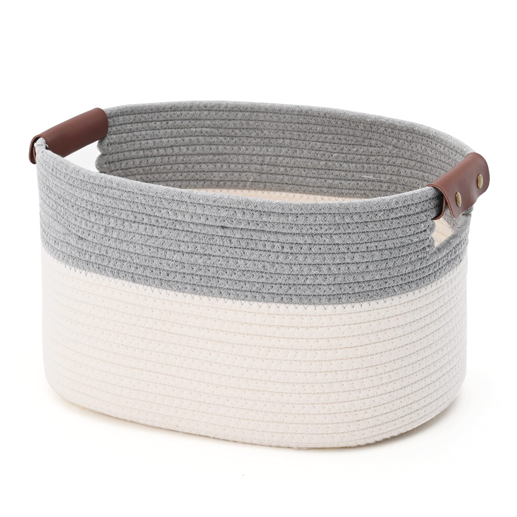 ECDYQXVU 1 Pack Cotton Rope Storage Baskets,15x10x9 in,Collapsible Storage Bins, Decorative Woven Basket Cube Storage Organizer for Nursery, Laundry, Towel, Clothes,Cosmetics, Books(White/Grey)