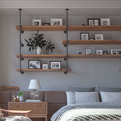 Yuanshikj 2Pc (56" tall 12"deep 3/4") Industrial Wall Mount iron Pipe Shelf Shelves Shelving Bracket Vintage Retro Black Open Bookshelf Bookcase DIY Storage office Kitchen (2 Pcs 4Tier Hardware only )