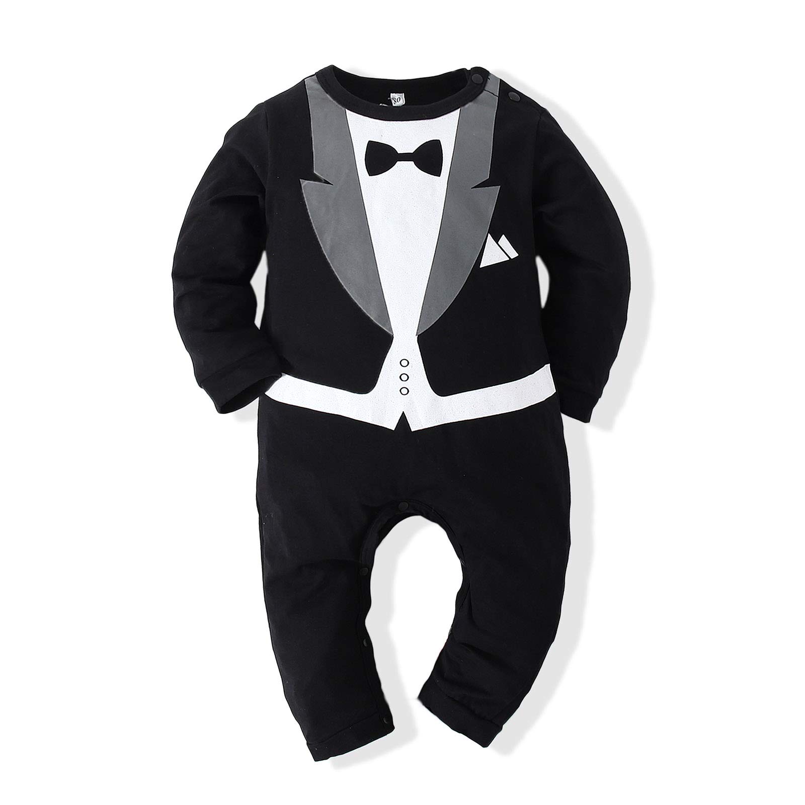 Kimocat Baby Boy Romper Tuxedo Jumpsuit Gentleman One-Piece Button-Down Bowtie Wedding Suit Bodysuit