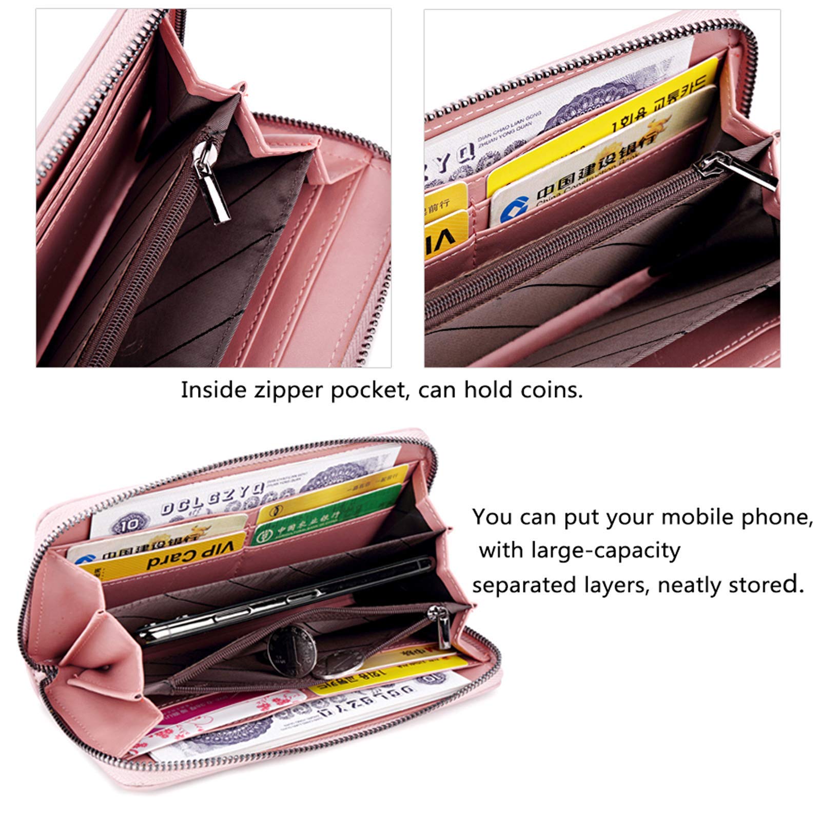 Earnda Womens wallet RFID Blocking Large Capacity Long Purse with Wristlet Card Holder Coin Pocket Pitch Black