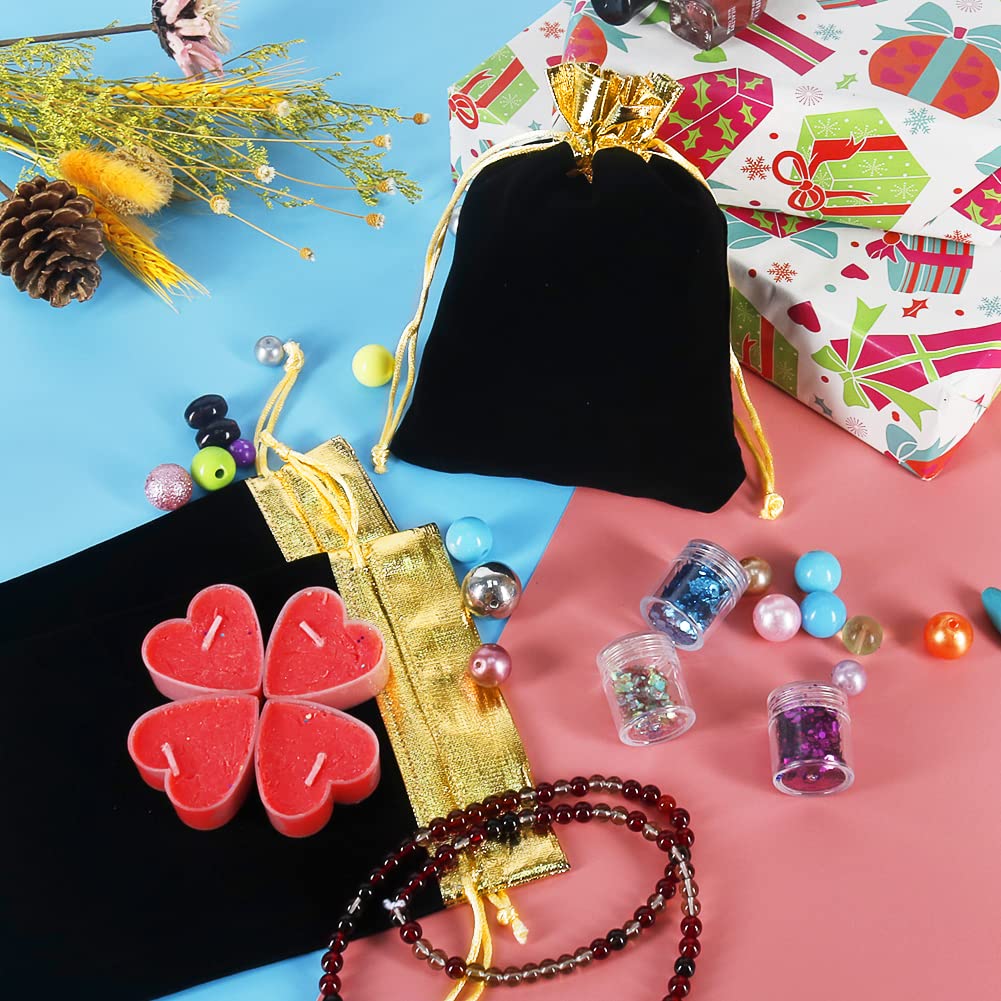 HRX Package 10pcs Velvet Bags with Drawstrings 5x7 inch, Black Gold Cloth Gift Pouches Baggies Sacks for Jewelry Dice Party Favor