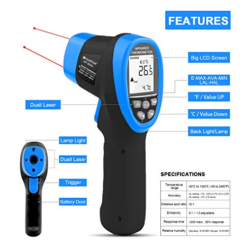 HOLDPEAK HP-985B Infrared Thermometer Non-Contact, -58℉~2480℉ (-50℃~1360℃), Dual Laser Digital IR Thermometer Gun with Adjustable Emissivity for Forge Melting Furnace Kilns Industry 【NOT for Human】
