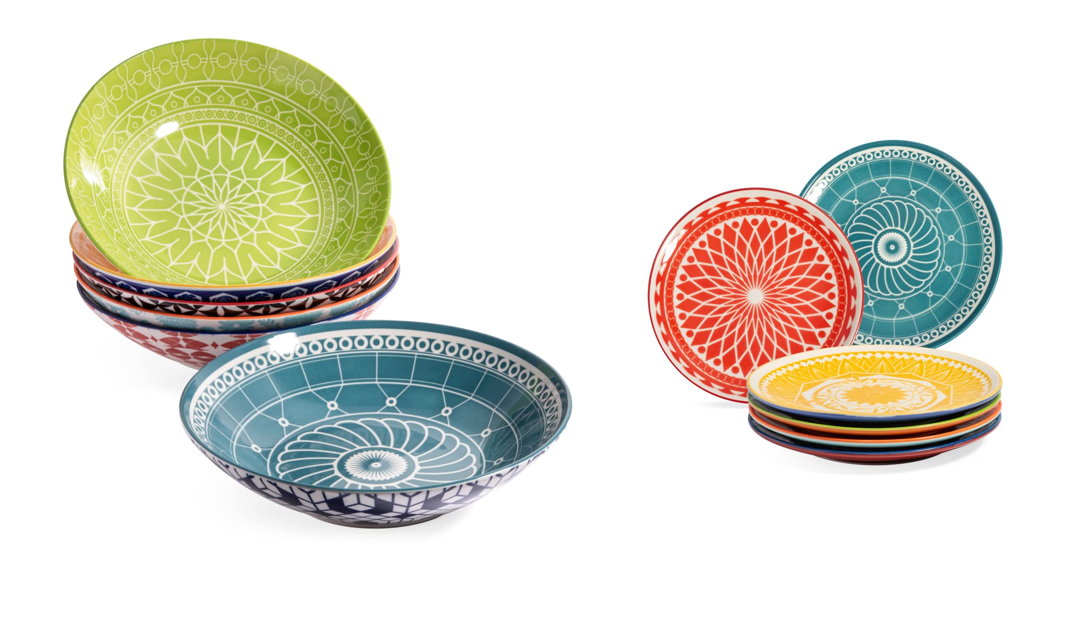 Annovero Bundle - Dessert Plates, Pasta Bowls. Cute and Colorful Stoneware Dishes for Kitchen, Microwave and Oven Safe. Bundle