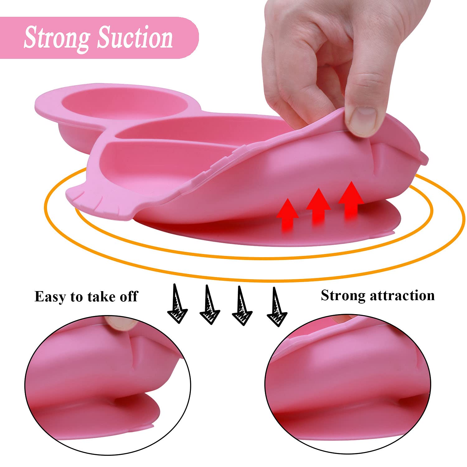 NICINGU Silicone Suction Plate spoon fork sets for Toddlers,Divided Plate Dish Placemat Bowl for Baby Kids Infant Self Feeding Training,Fits Most Highchairs, BPA Free Microwave Dishwasher Safe-Pink