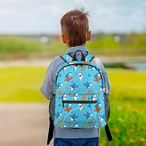 cfpolar Shark Kids Backpack for Boys, Ocean Sea Coral 12 Inches Blue Toddler Backpacks, Preschool Children Backpack Nursery Kindergarten Bookbag with Chest Strap