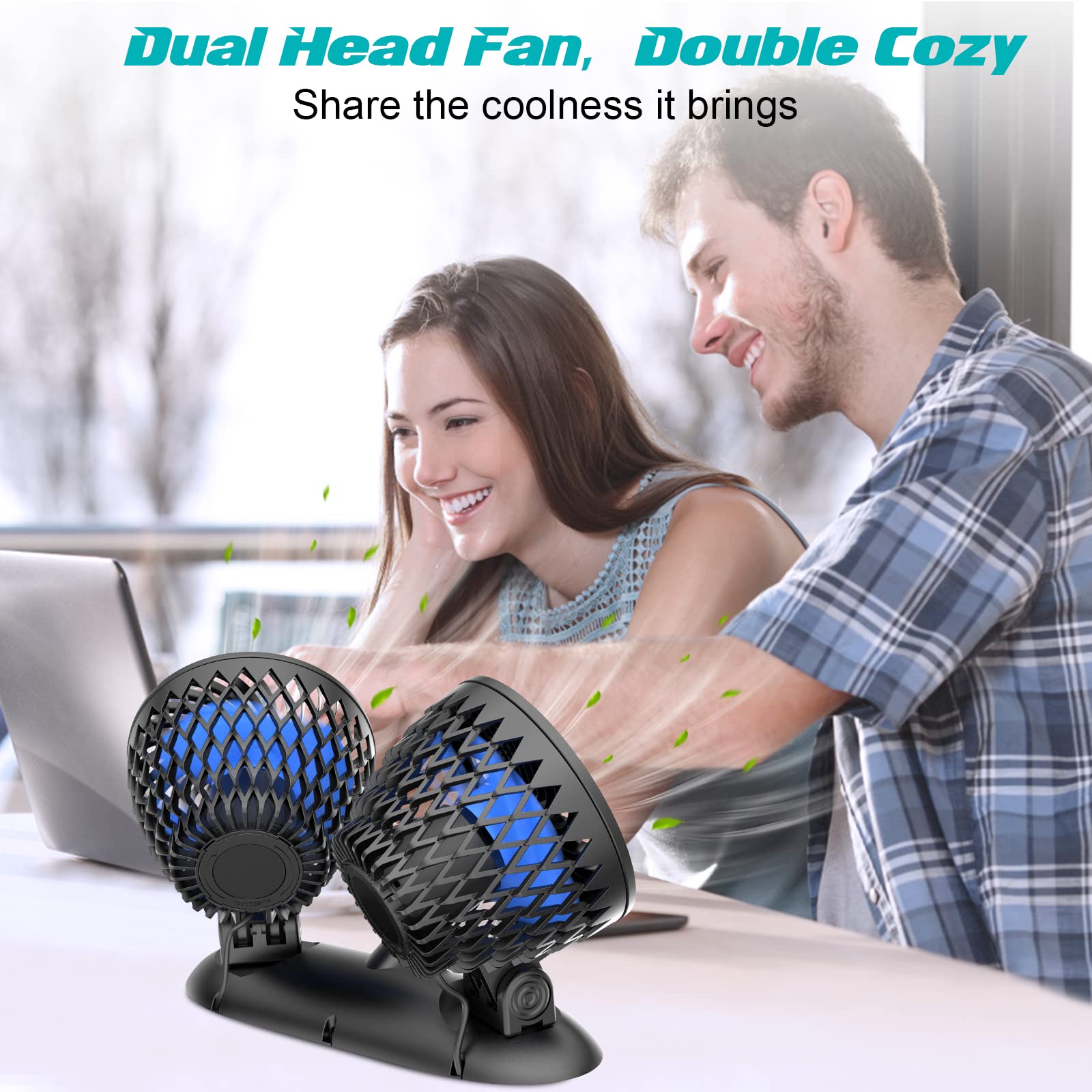 JZCreater Car Fan - Dual Head USB Desk & Portable Vehicle Cooling Fan with Variable Speed & 360°Rotation for Car Dashboard, SUV, RV, Truck, Sedan, Cruise & Office Use, Quiet & Small Fan, Black Blue