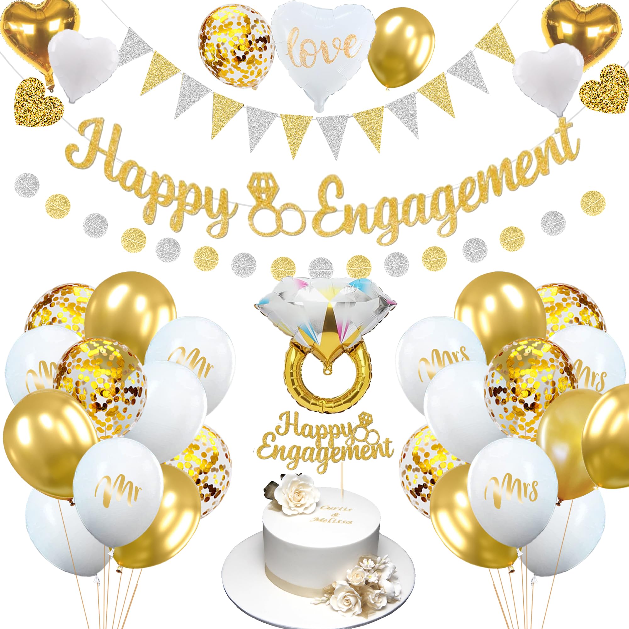 BANBALLON Engagement Party Decorations Gold and White Banner Balloons Cake Toppers Mrs and Mr Balloons Decorations for Engagement Theme Party Wedding Bridal Party Decorations Supplies (Style 01)