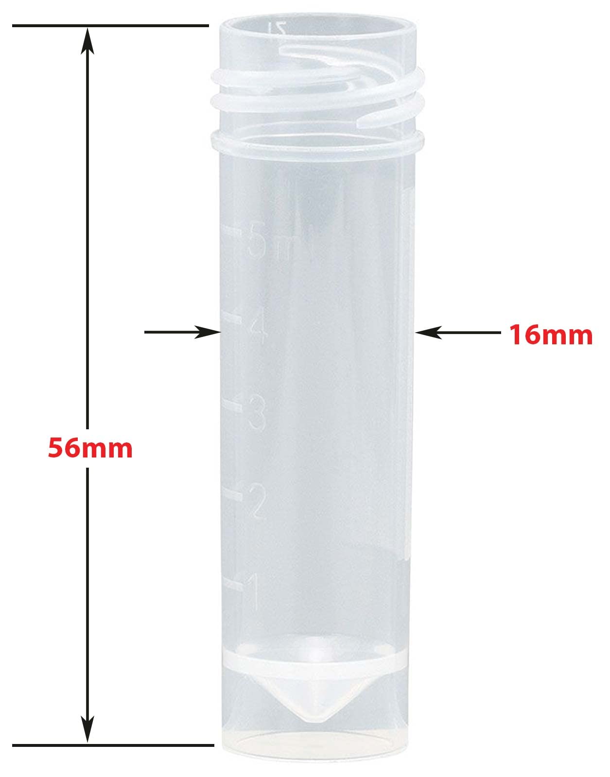 Globe Scientific 6101S Polypropylene Molded Graduations Conical Bottom Self Standing Transport Tubes with Attached White Polyethylene Screw Cap, Sterile, 5ml Capacity, Pack of 500
