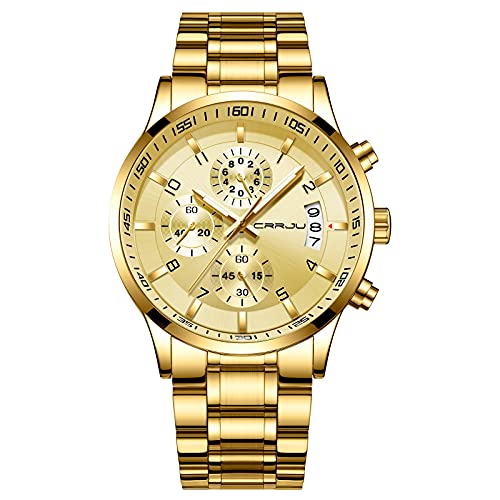 CRRJU Men's Golden Watches Luxury Business Waterproof Calendar Quartz Watches for Men Chronograph Stainless Steel Band Wristwatches