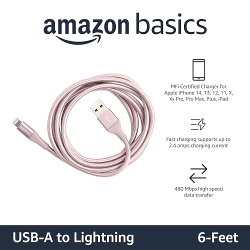 Amazon Basics iPhone Charger Cable, Nylon USB Type A to Lightning, MFi Certified, For Apple iPhone 142, 13, 12, 11, X, Xs, Pro, Pro Max, Plus, iPad, 10,000 Bend Lifespan, 6 feet, 2 Pack, Rose Gold