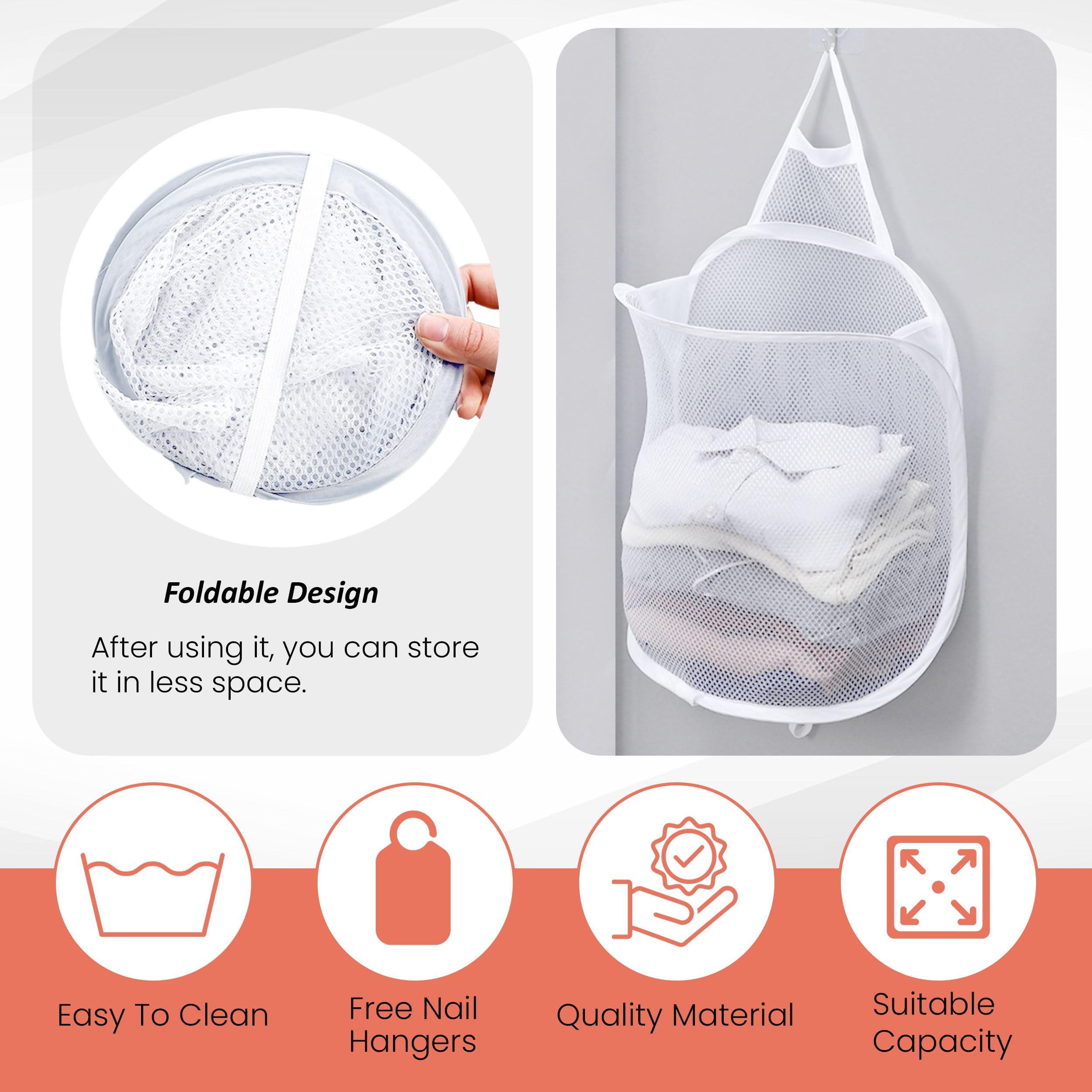 Laundry Ninja Hanging Laundry Hamper Laundry Hamper Separation Baskets, Mesh Laundry Bag, Hanging Hamper – Wall Mount Hamper Suitable for Clothes, Toys, and Good for Hotel Use in 2 pack (White&Gray)