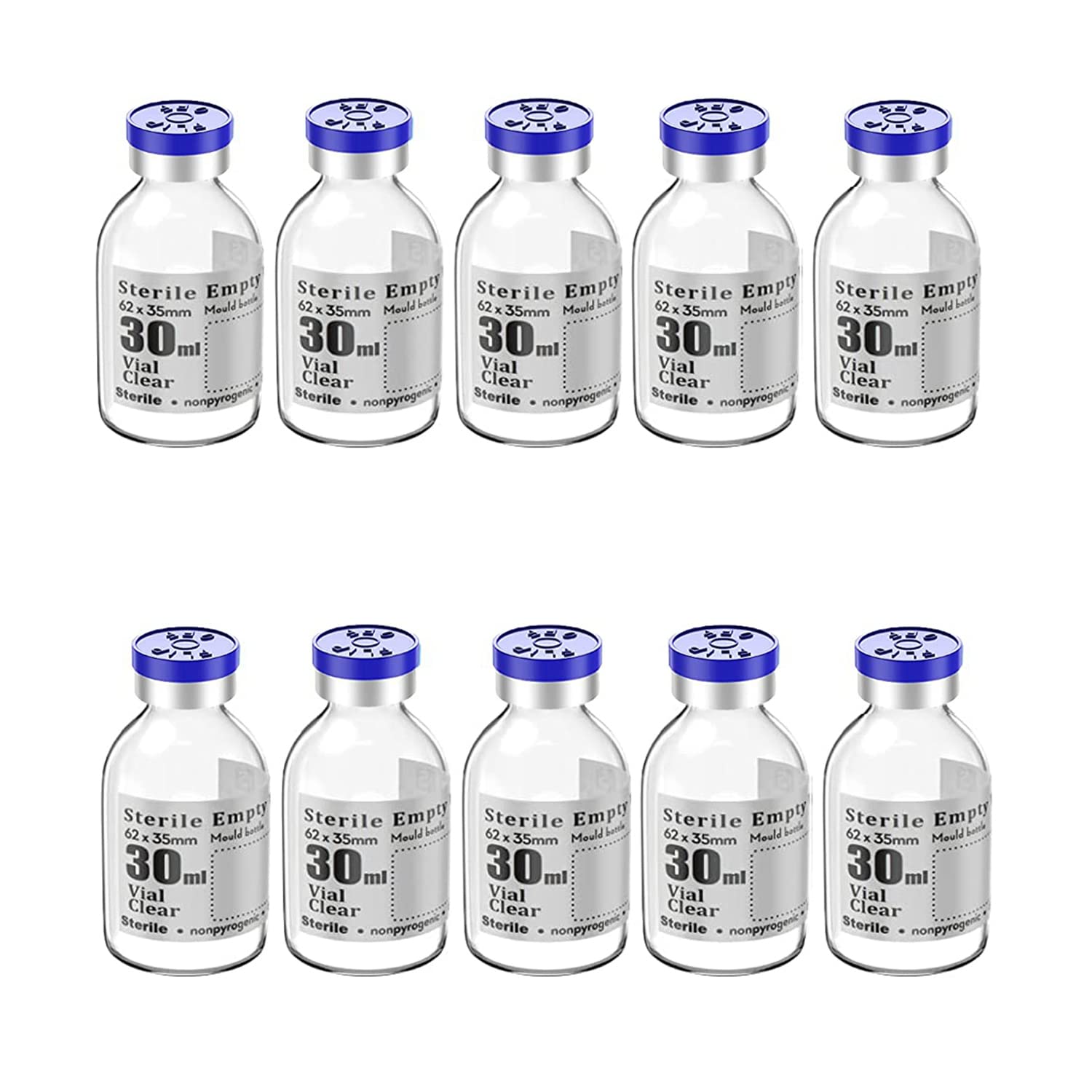 Biocomma 30ml 10pcs Sterile Empty Vial with Plastic Aluminum Flip Off Caps,Penicillin Bottle 20mm Crimp Top Sterile Transparent Borosilicate Lab Sample Vial (Transparent)
