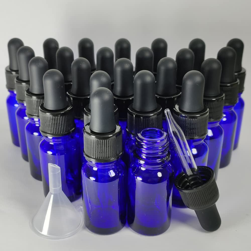 Bioll 10ml (1/3 oz) Glass Dropper Bottle. Essential Oil Bottle With Glass Eye Droppers. For Lab Bottles, Alcohol Bottles And Sterilize Water Bottles-24Pcs (Blue)