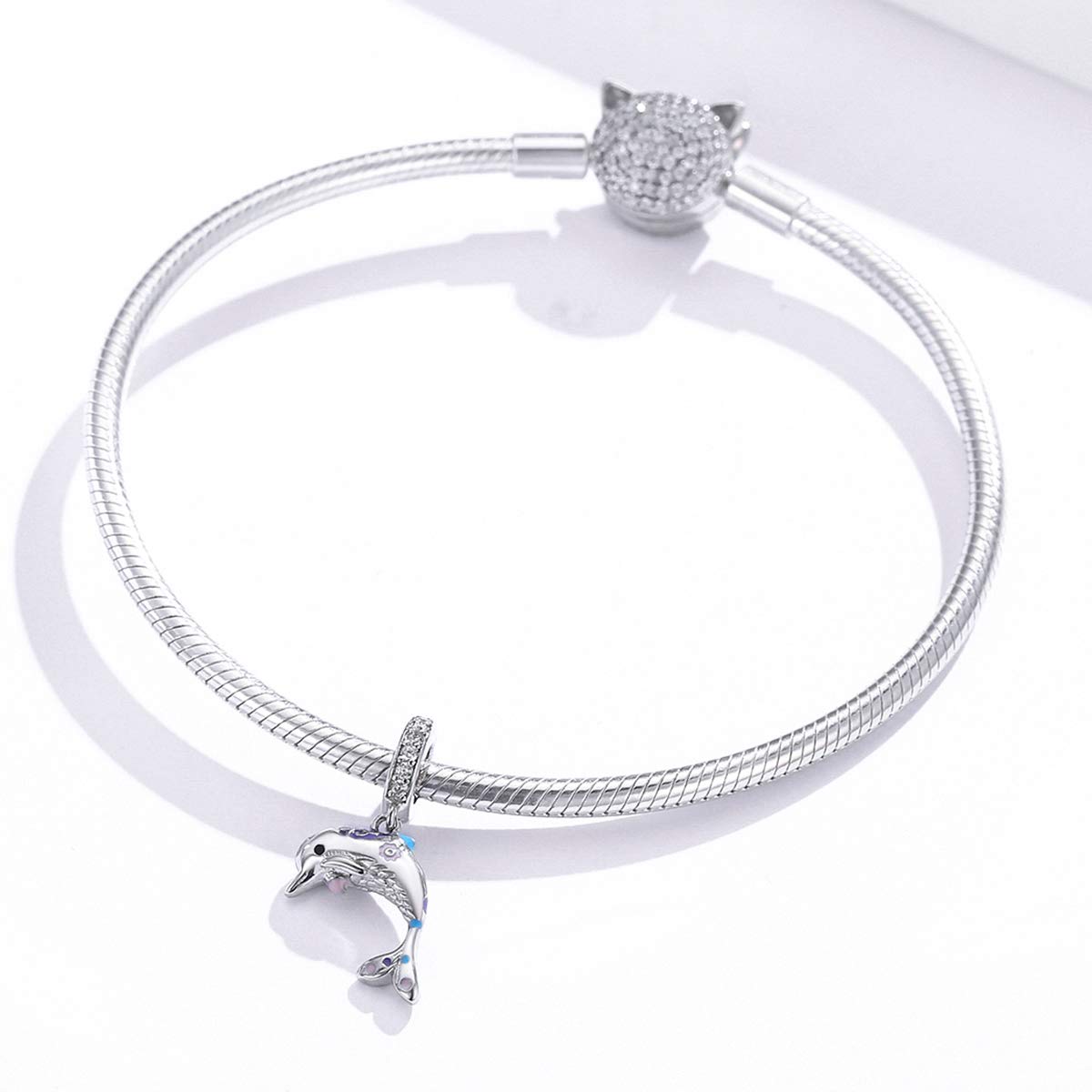 925 Sterling Silver Dolphin Charm Crocodile Charm Unicorn Charm Dog Charm Squirrel Charm Giraffe Charm Rabbit Charm Flamingo Charm for Pandora Charm Bracelet (Dolphin)