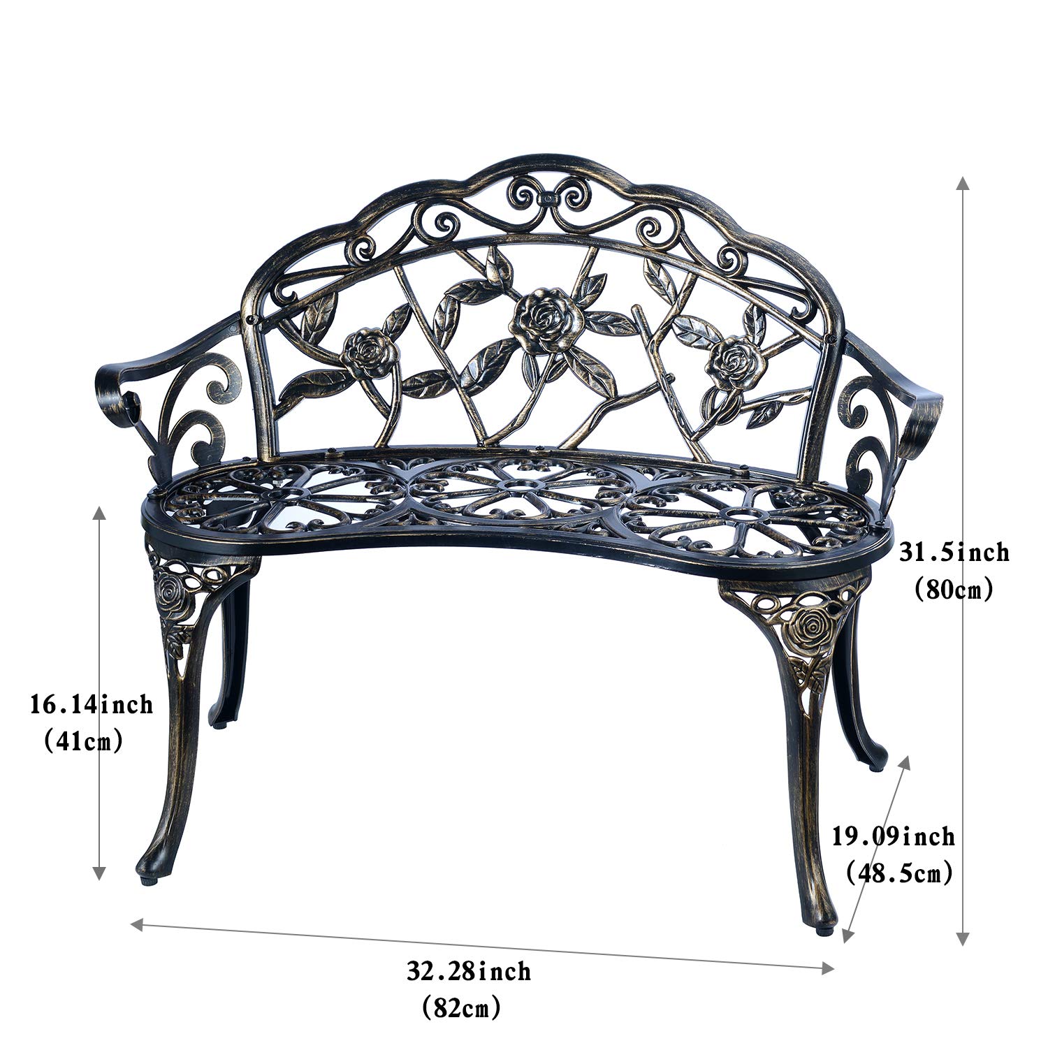 C/G Patio Balcony Bench Double Seat, Anti-Rust Cast Aluminum Patio Garden Bench for Park Yard Outdoor Furniture Copper