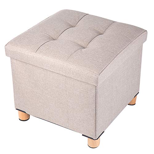 BRIAN & DANY Foldable Storage Ottoman Footrest and Seat Cube with Wooden Feet and Lid, Khaki 15” x15” x14.7”