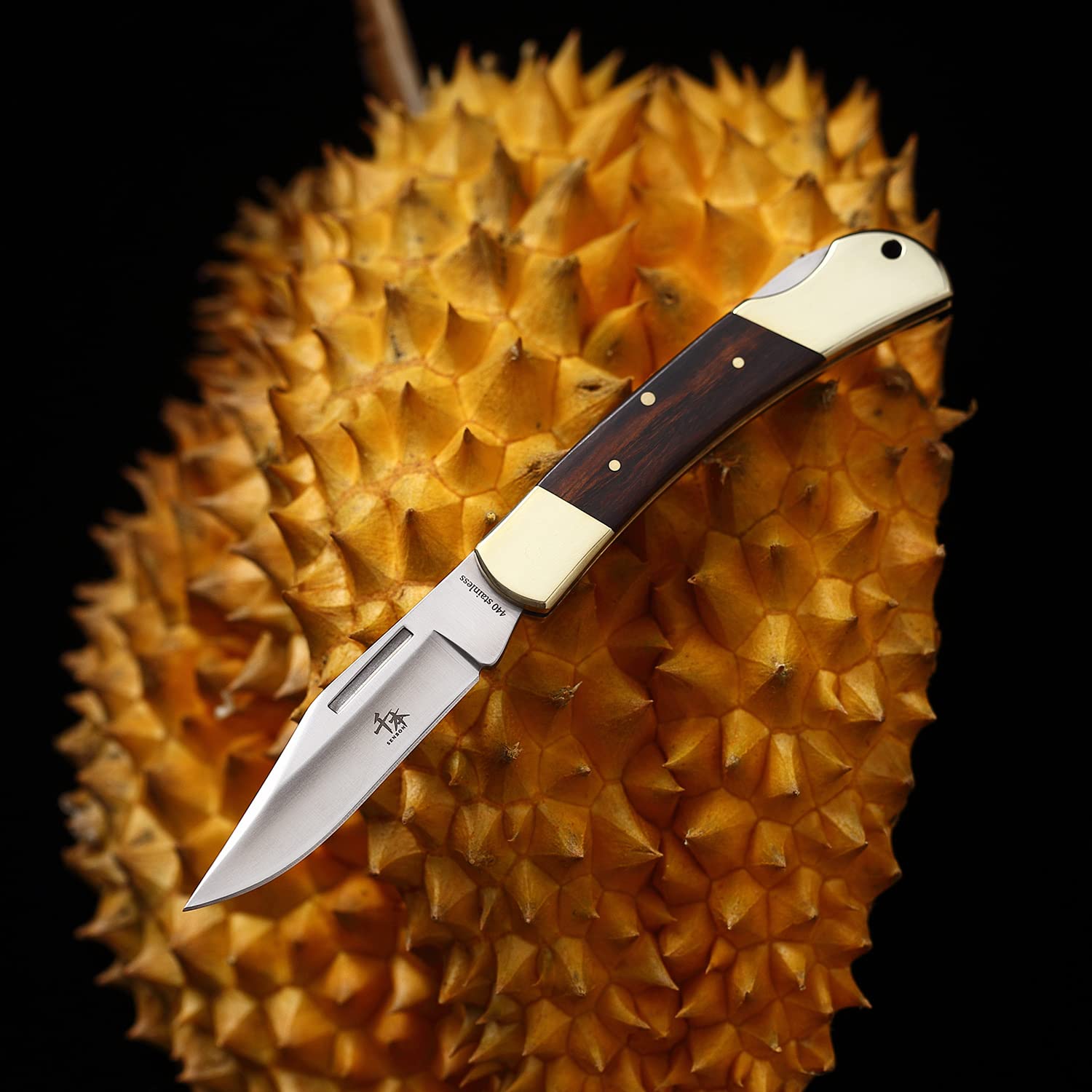 SENBON folding lock back knife 4in 440a sharp outdoor knife sand iron wood copper handle with Leather Sheath