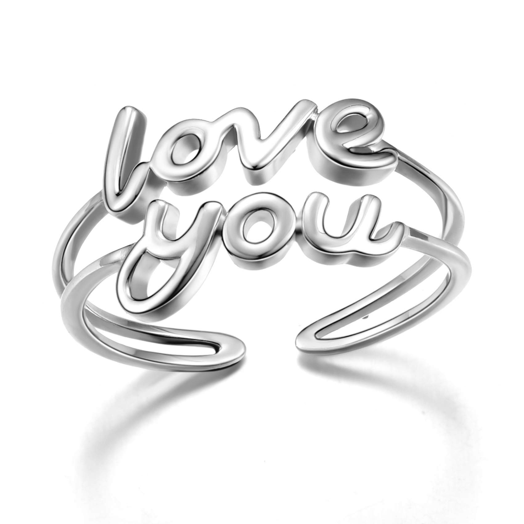 925 Sterling Silver Ring Simple Love Script Ring Silver Adjustable Open Rings for Women Men