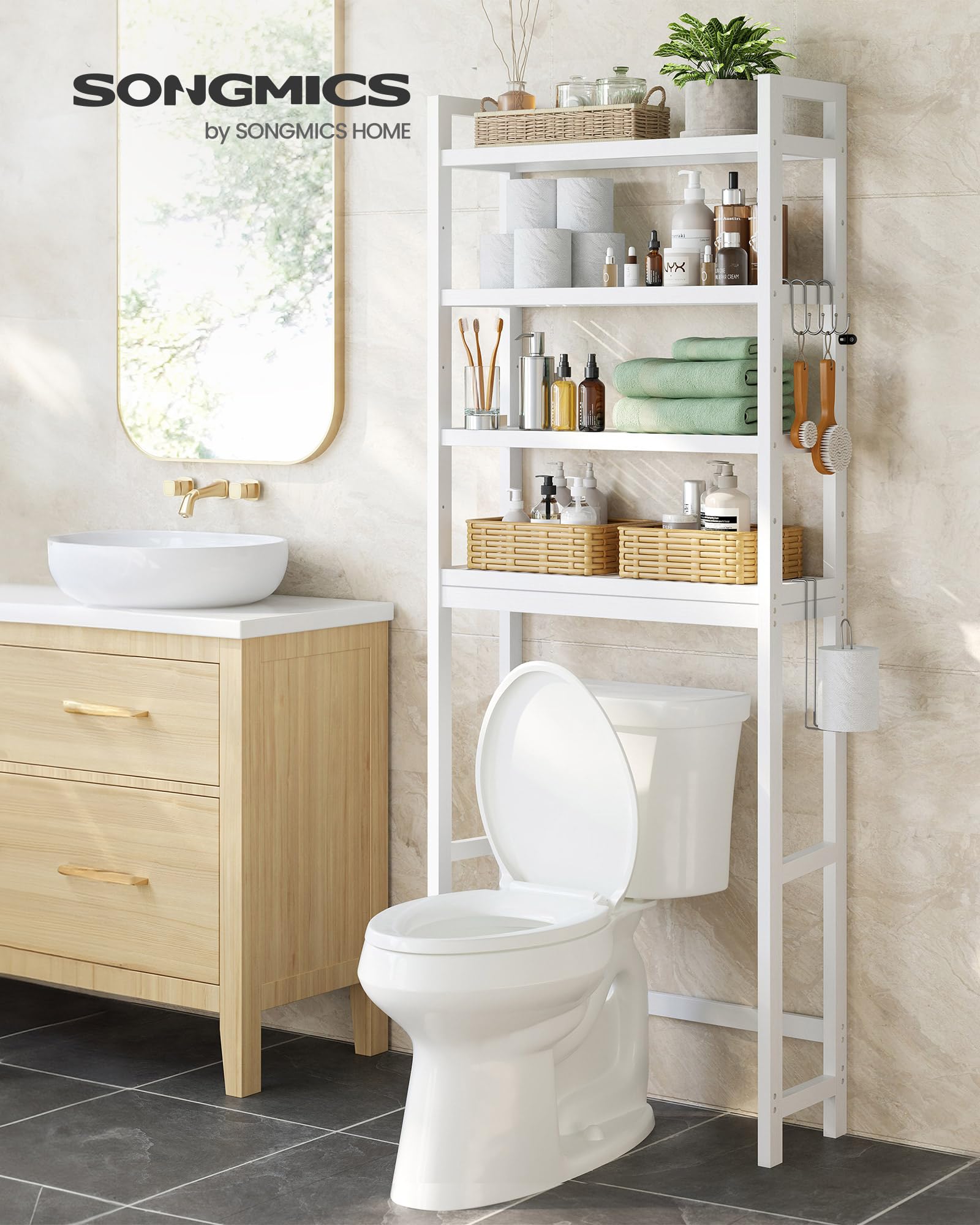 SONGMICS Over The Toilet Storage, 4-Tier Over Toilet Bathroom Organizer with Adjustable Shelf, Fit Most Toilets, Space-Saving, Easy Assembly, Cloud White UBTS041W01