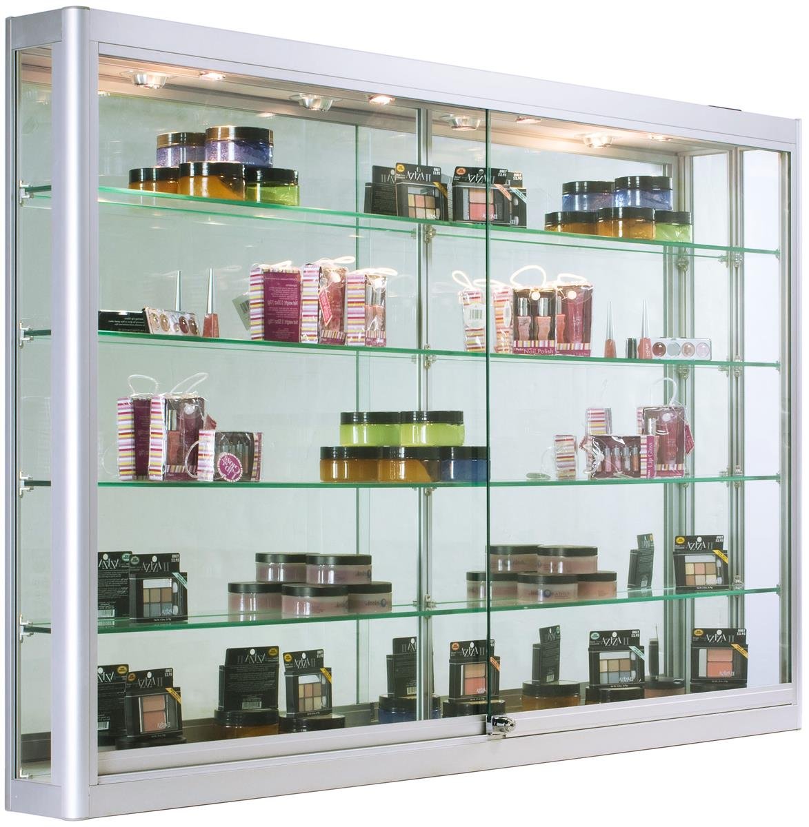 Displays2go Glass Wall Cabinets with LED Lights, Aluminum, Tempered Glass Shelves â Silver (WC606LEDS)