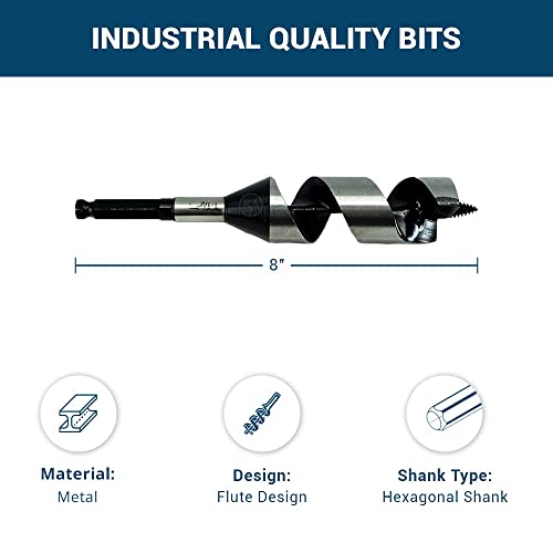 Benchmark Abrasives 1-1/2" Auger Drill Bit for Wood, 7/16” Hex Shank, Fast Drilling Bits for Soft and Hard Wood, Plastic, Plywood, Lumber, Drywall, and Composite Materials (1-1/2")