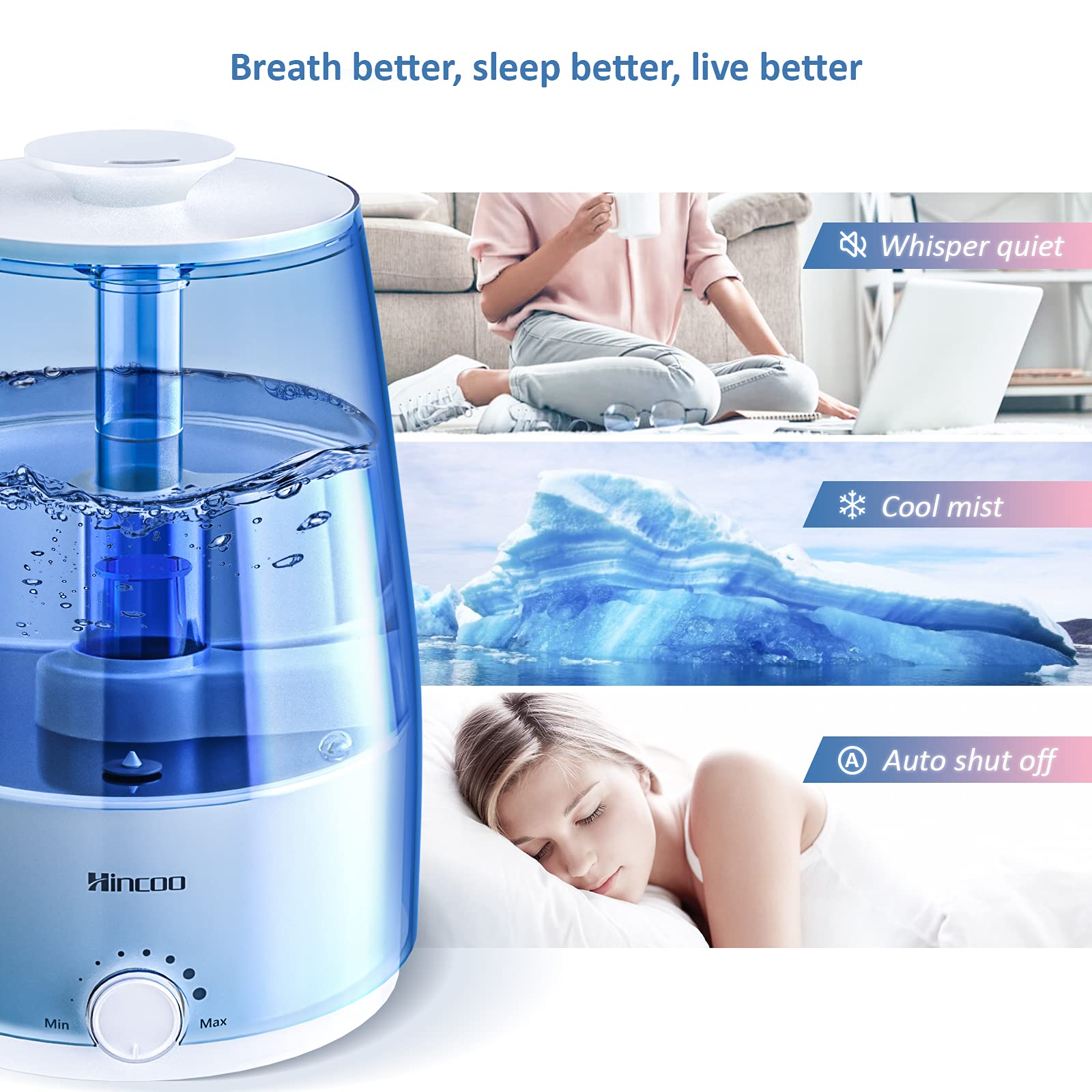 Hincoo Cool Mist Humidifiers for Large Room (4L), Top Fill Ultrasonic Humidifiers for Bedroom Quiet with Essential Oil Diffuser, Plant Humidifiers with Featured Extension Tube, Auto-Shut Off
