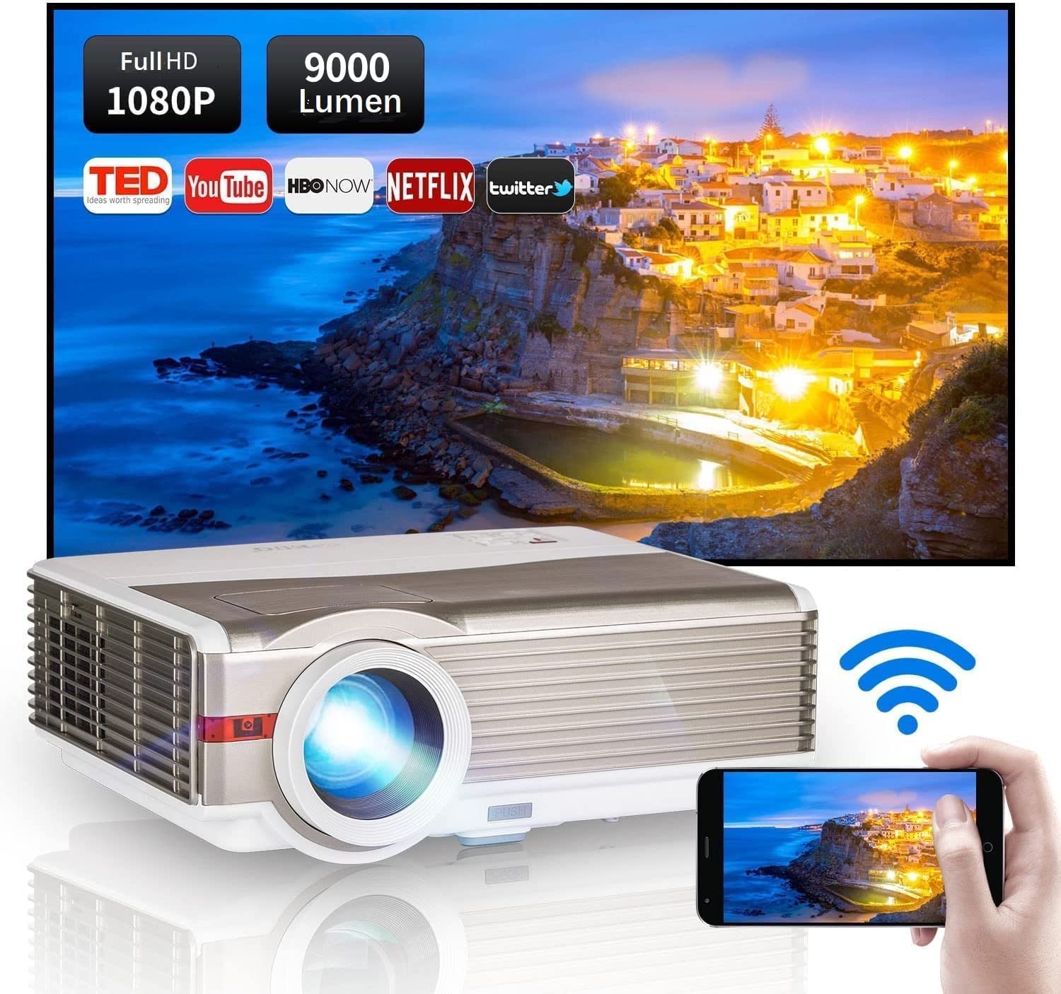 9000L Native 1080p Projector with WiFi Bluetooth, 200'' Display Home Theater Movie Projector Outdoor Indoor Party, Wireless Sync Screen for iOS/Android Phone/Tablets, With 4D Keystone and Zoom