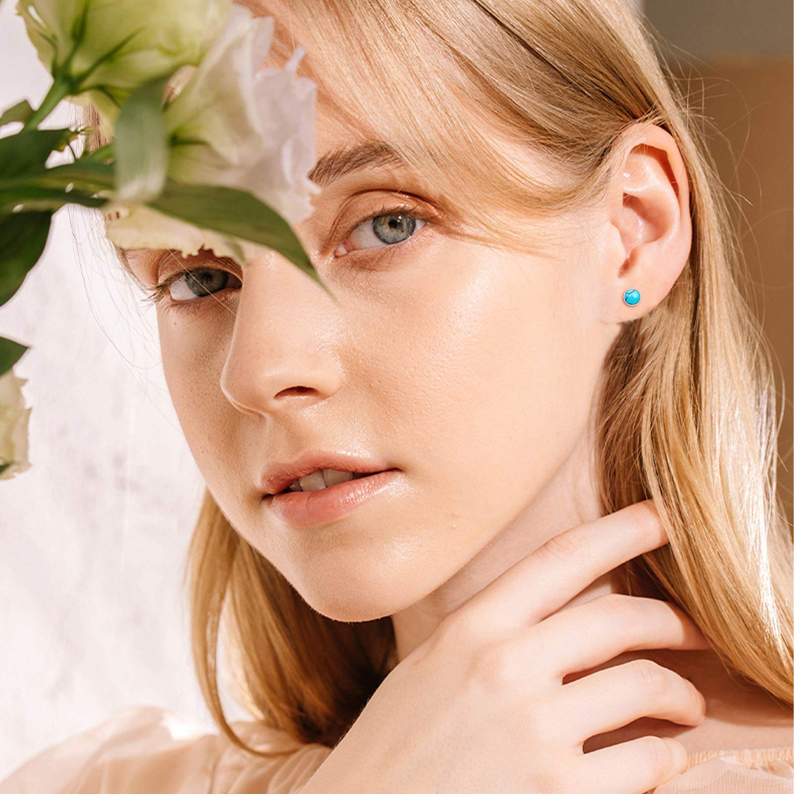 925 Sterling Silver Turquoise Studs Hypoallergenic Earrings for Sensitive Ears with Romantic "Forever Love" Engraving Jewelry Valentine for Women Girlfriend-6MM