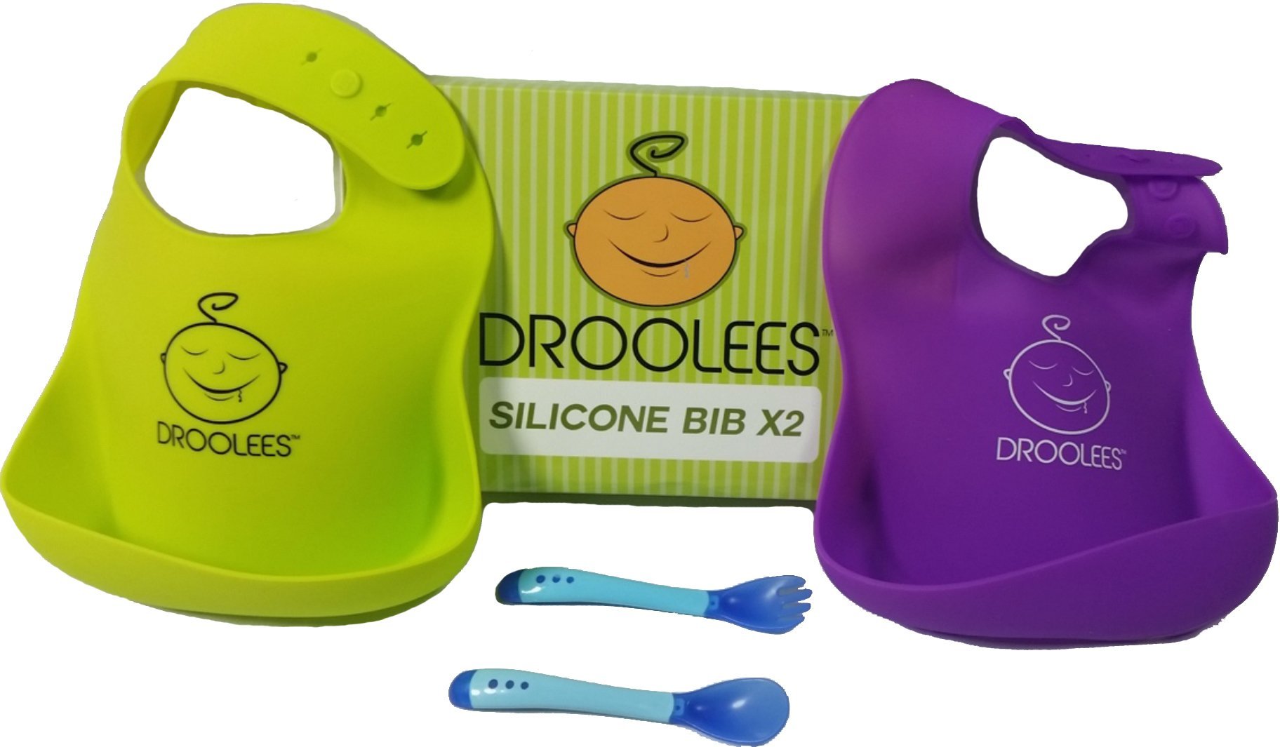 Droolees Premium Waterproof, Widemouth, Soft Silicone Feeding Bibs, Unisex, Washable, Includes Bonus Item, Rolls up for Travel, 2 Pack