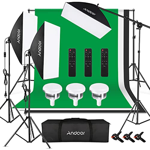 Andoer Studio Photography Light Kit Softbox Lighting Set Including 85W 2800K-5700K Bi-Color Temperature LED Light * 3 + 50x70cm Softbox * 3 + 2M Light Stand * 3 + Boom Arm * 1 + Remote Control * 3