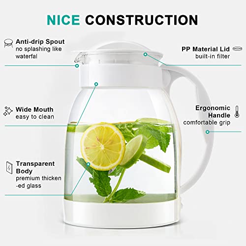 Glass Pitcher - HIHUOS 68oz Water Pitcher with Lid and Spout - Refined Beverage Pitcher with Handle for Easy Cleaning, Glass Jug for Water, Iced Tea, Juice, Lemonade