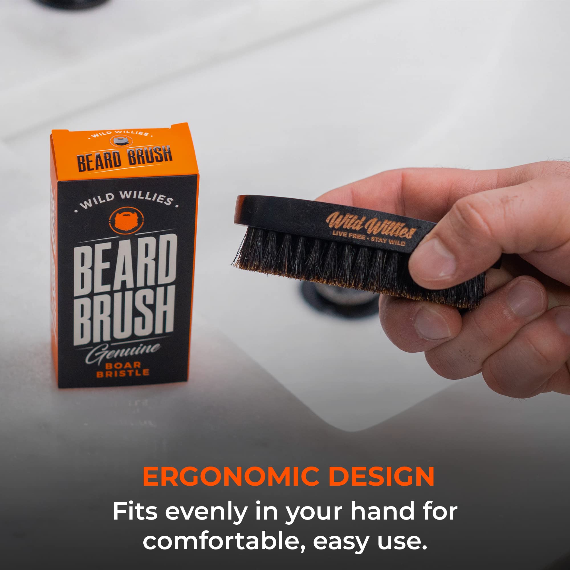 Wild Willies Natural Boar Bristle Beard Brush for Men - Professional Beard and Mustache Grooming Brush with Ergonomic Wooden Handle - Small Travel Pocket Size Beard Detangler, Smoothens, Softens