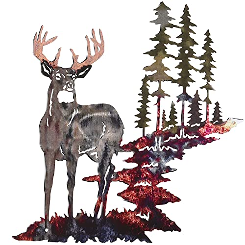 Forest Tree Deer Wall Art Metal Rustic Hunting Decor for Living Room Bedroom Bathroom Indoor Outdoor, 11.8 x 7.9 Inch (Bright Color)