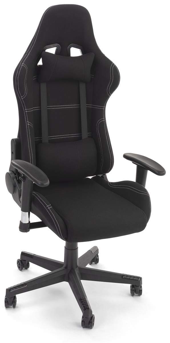 Displays2go Racing Style Gaming Chair for Office and Home Desk, Ergonomic Adjustments and Lumbar Support Pillow, Fabric Seat - Black (FDGAMECHGY)