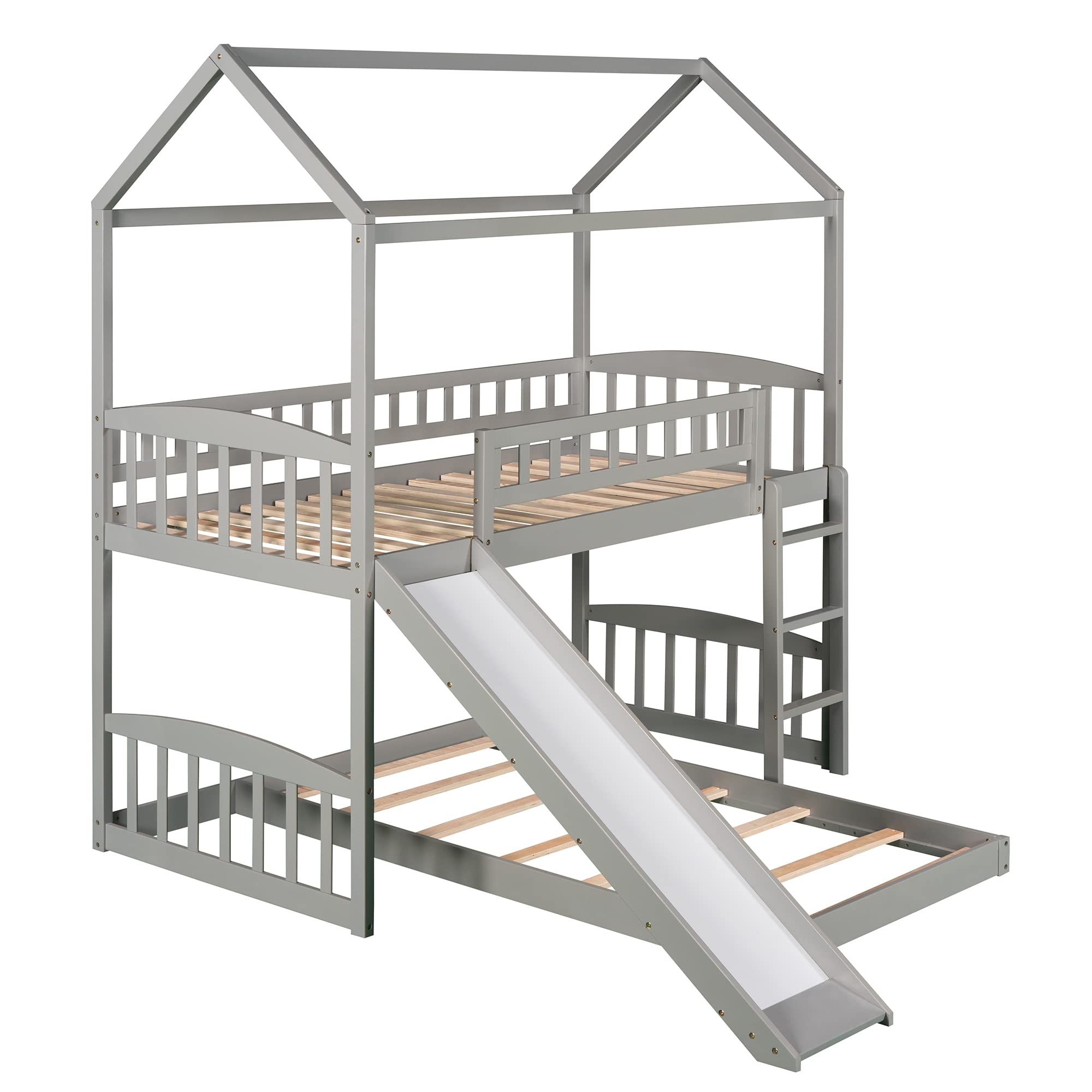 Harper & Bright Designs Twin Over Twin Bunk Bed with Slide, House Bunk Bed with Slide, Playhouse Bed for Toddlers Kids Girls Boys - Gray