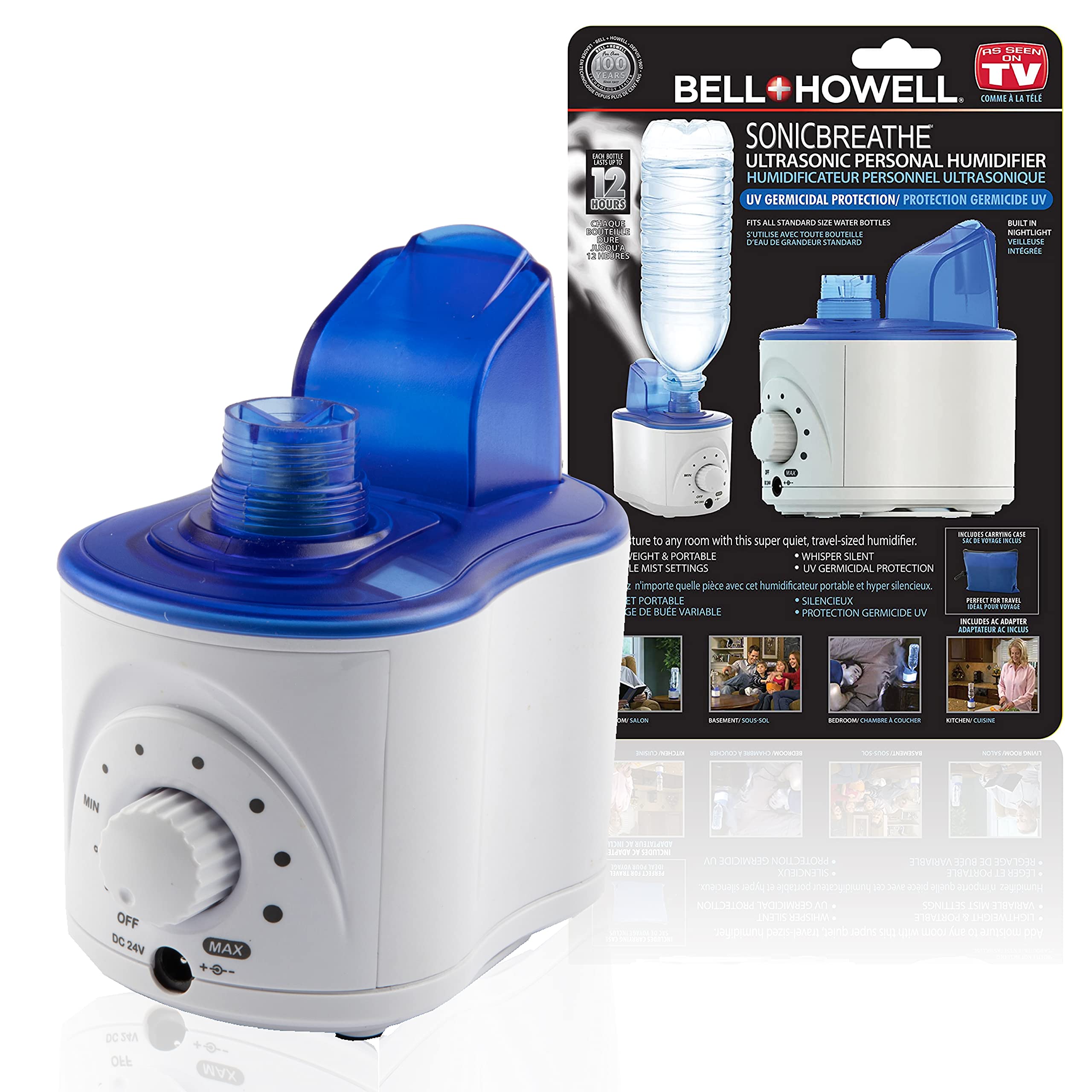 Bell+Howell Sonic Breathe Water Bottle Humidifier, Easy to Use Small Humidifier, No Leak Portable Humidifier, Mini Humidifier, Travel Humidifier, Personal Humidifier and Desk Humidifier as Seen on TV