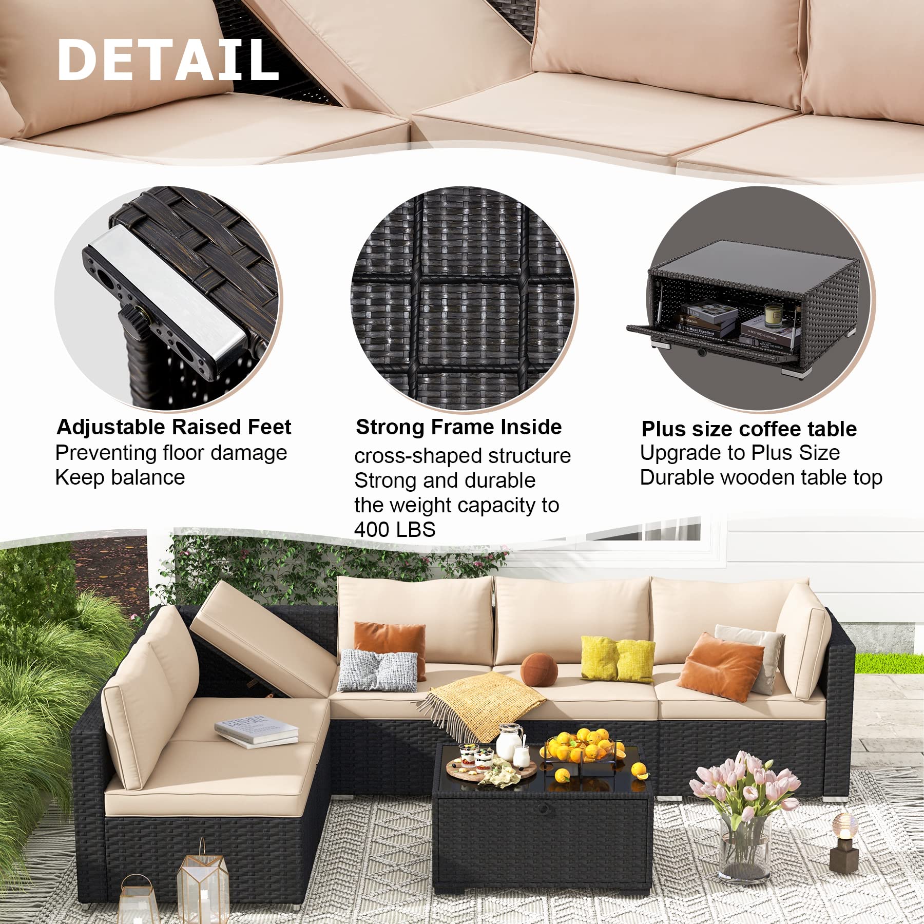RYNSTO 7 Piece Patio Furniture Set with Adjustable Bracket Brown Rattan Wicker Patio Conversation Sets Sectional Sofa Set with Table and Cushions for Porch Lawn Garden, Beige
