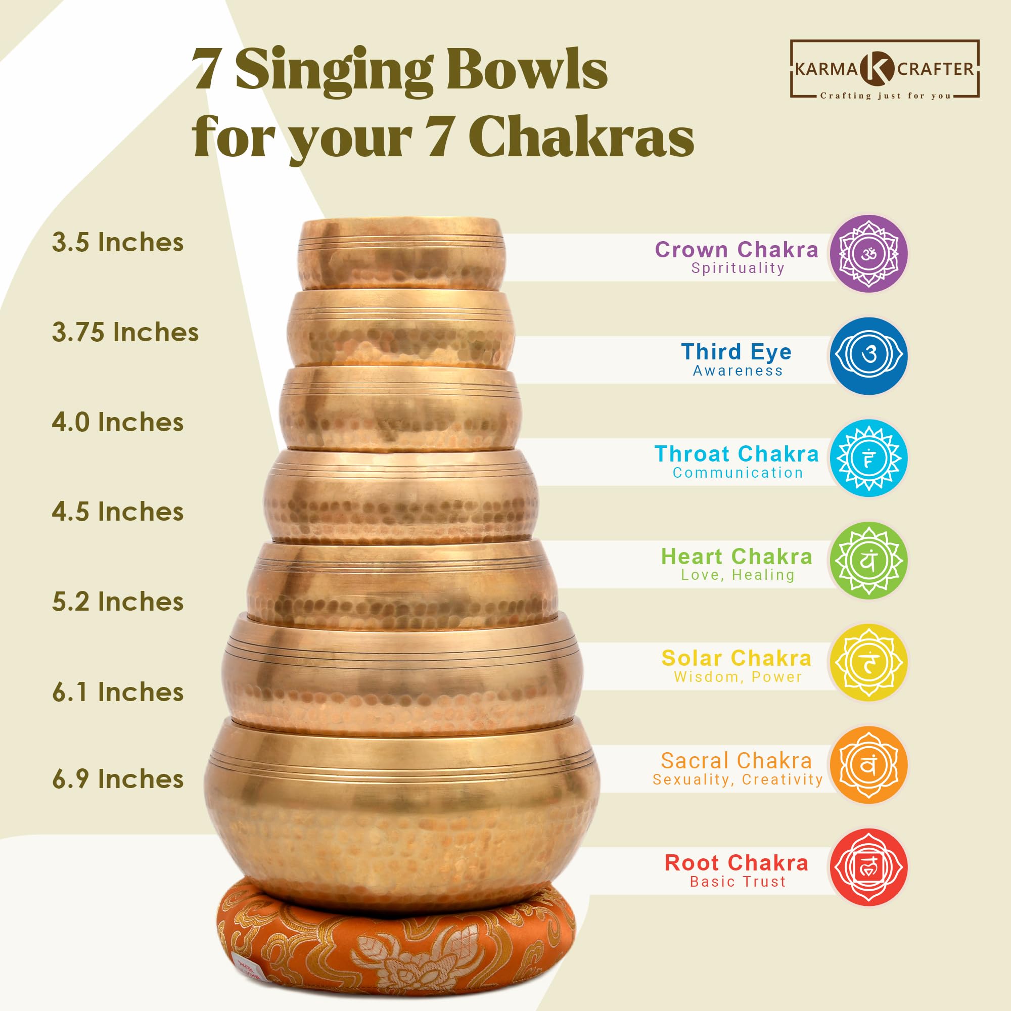 Karma Crafter Tibetan Singing Bowl Set Handcrafted in Nepal - 7 Chakra Bowl for Sound Bath, Meditation, Yoga, Mindfulness and Healing