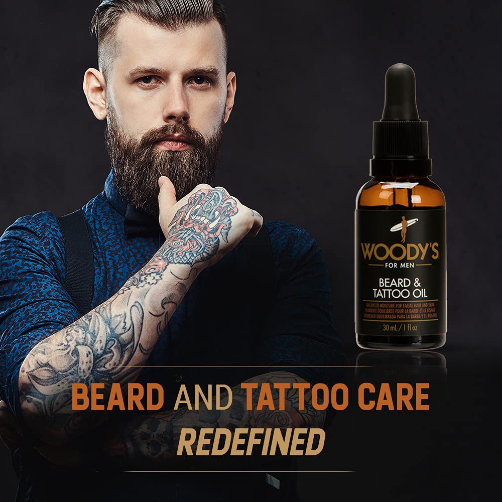 Woody's Beard & Tattoo Oil, 2 in 1 for Healthy Beard & Vibrant Tattoos, with Moringa, Macadamia, & Argan Oils, 1 Fl Oz (2 Pack)